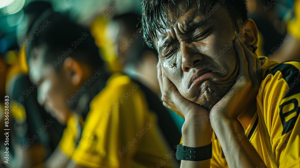 Disappointed football fans react to their team loss in the stadium ...