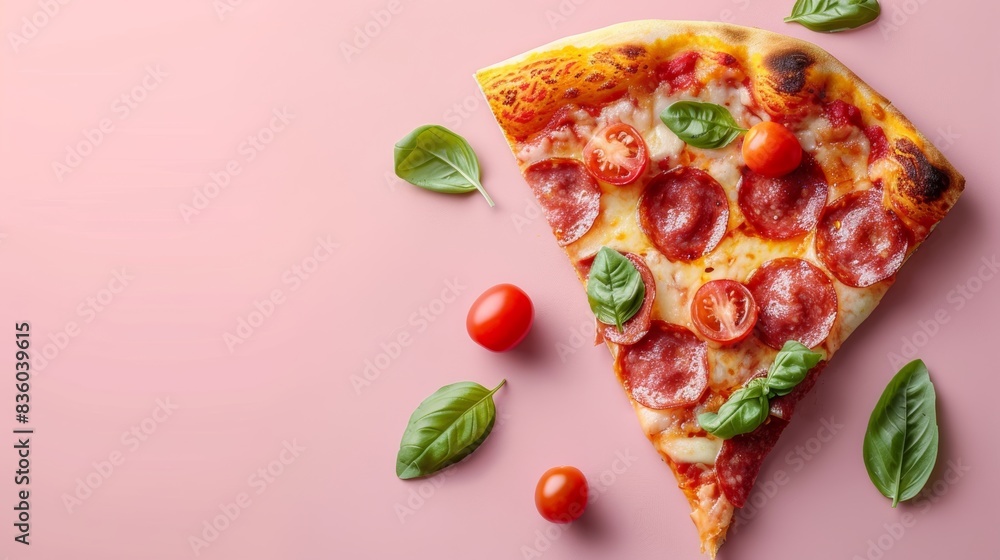 Pizza slice, pepperoni pizza with cherry tomatoes and fresh basil ...