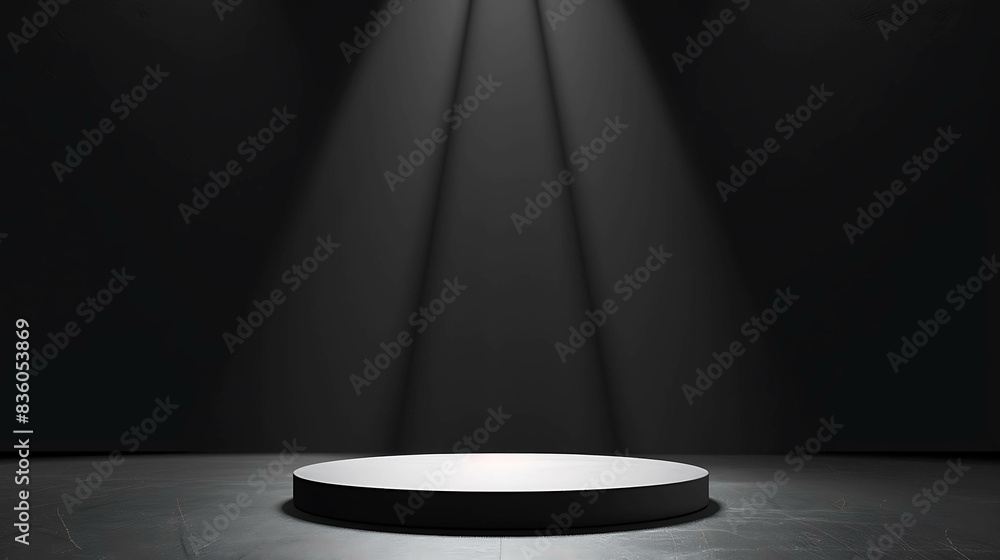 3D rendering of an empty stage with a spotlight. Dark background with a ...