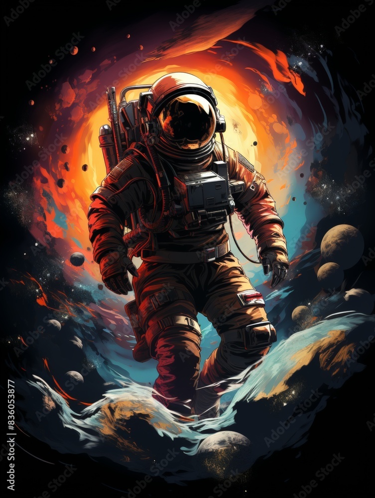 T-shirt designs featuring astronauts soaring above clouds, rendered in ... T-shirt designs featuring astronauts soaring above clouds, rendered in ...