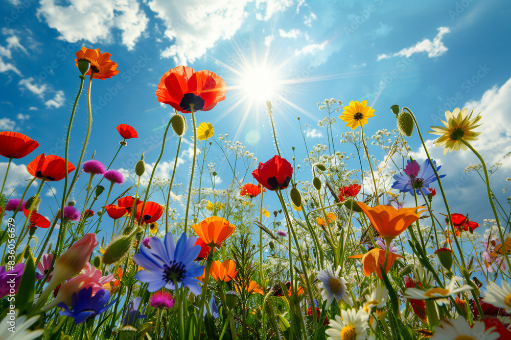 Beautiful spring meadow with colorful wild flowers under a blue sky and ...