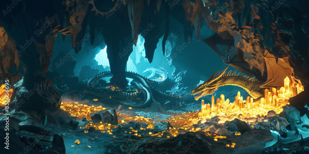 2d background Dragon’s Lair A dark, mystical cave filled with piles of ...