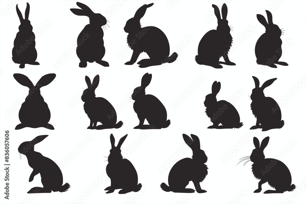 Bunny pet silhouette in different poses. Group of rabbits set ...