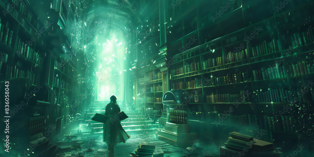 2d background Enchanted Library A mystical library with floating books ...