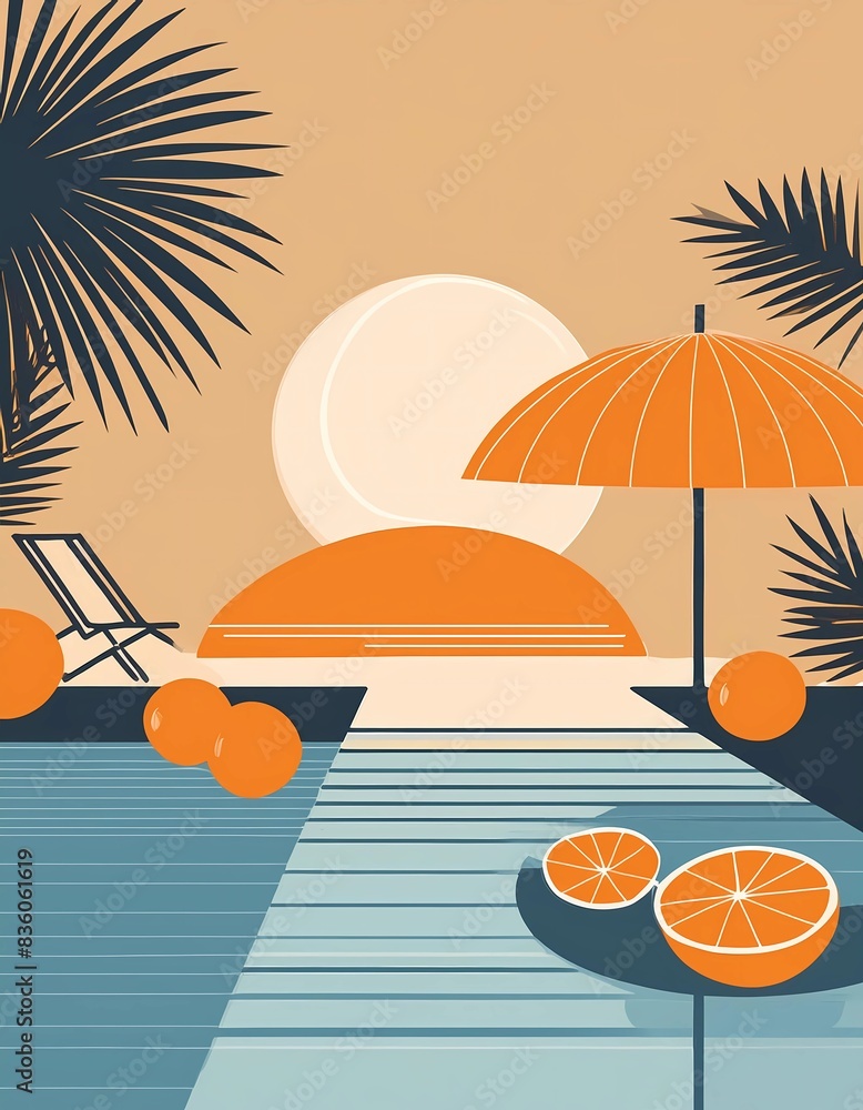 minimalistic illustration of sun rays, swimming pool with sun lounger ...