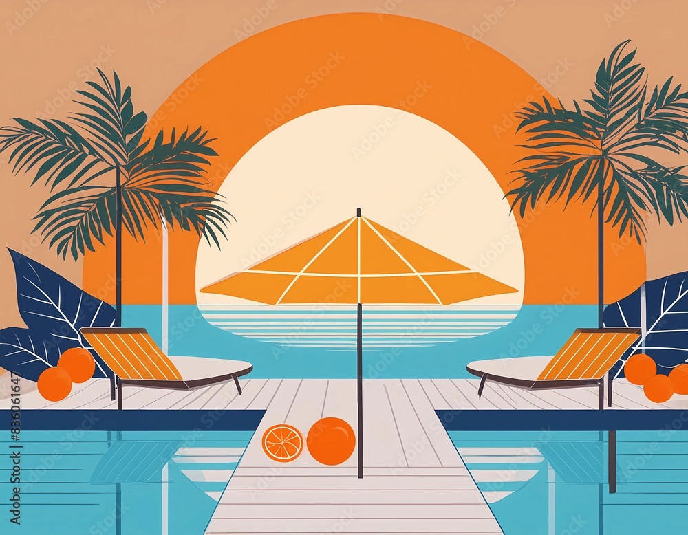 minimalistic illustration of sun rays, swimming pool with sun lounger ...
