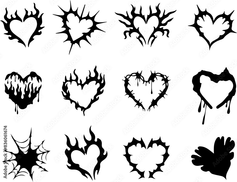 Icon set of heart with gothic goth rock punk retro style. Stylish heart ...