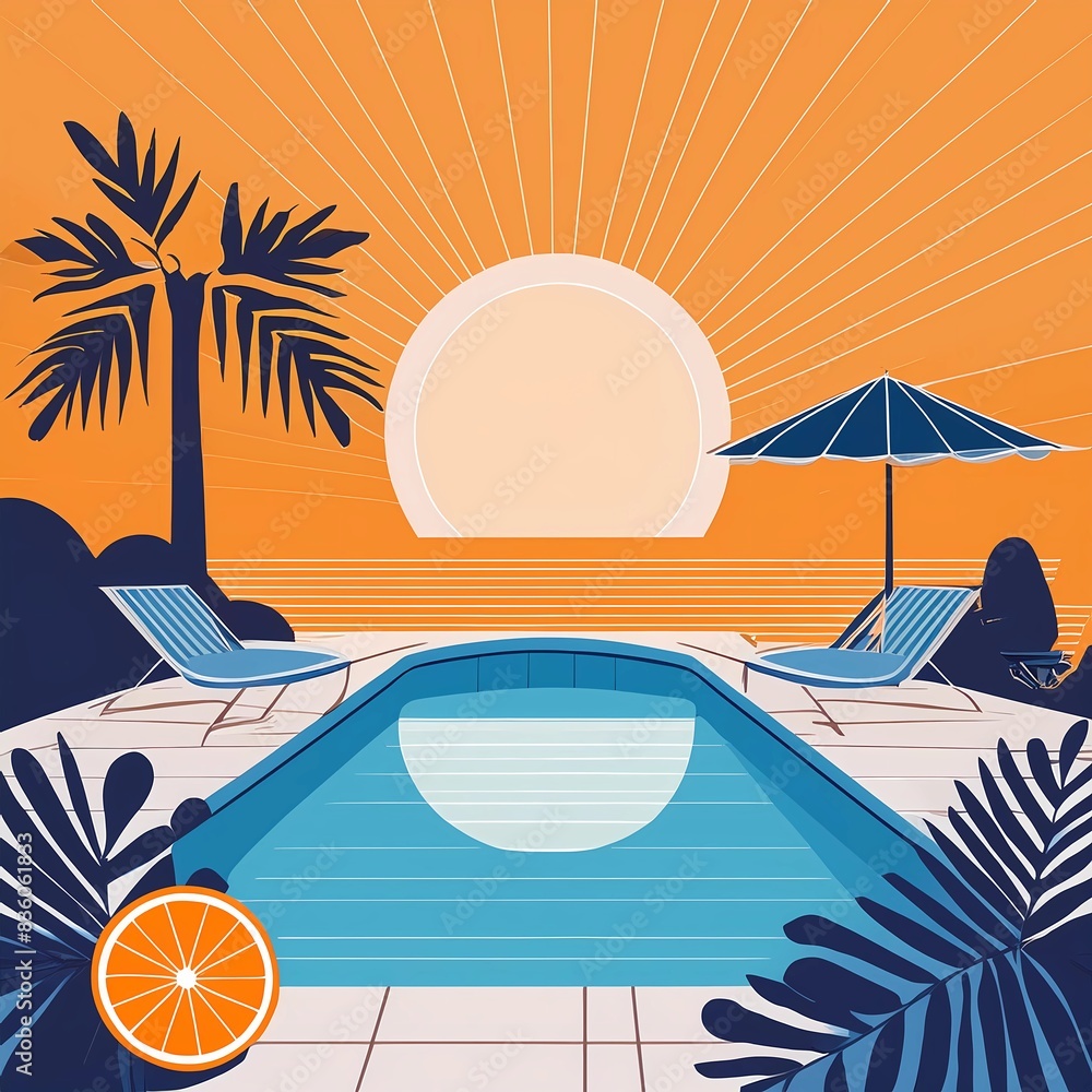 minimalistic illustration of sun rays, swimming pool with sun lounger ...