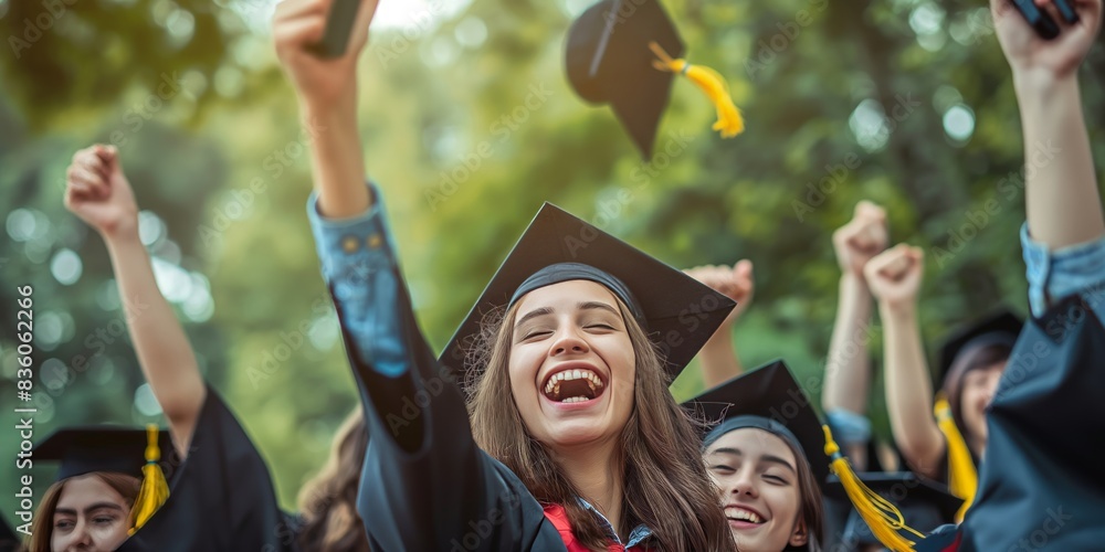 A group of joyous students celebrate their academic achievement by ...