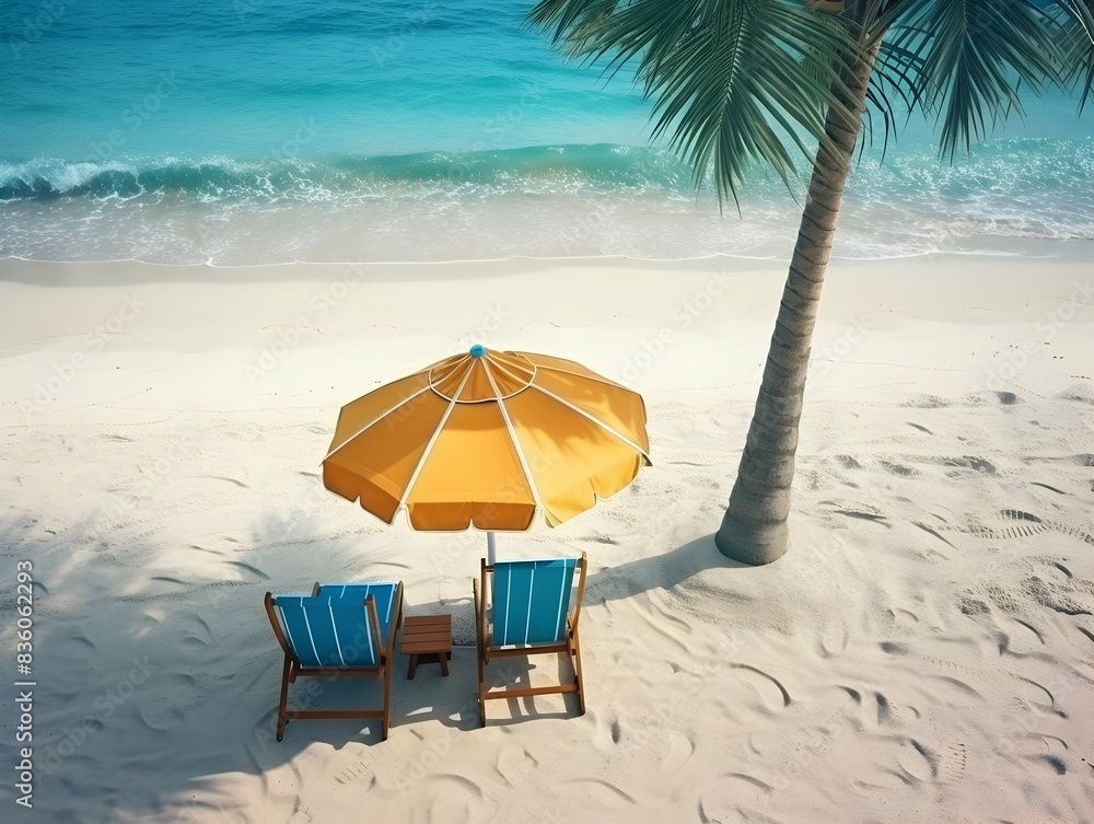 Beautiful beach. Chairs on the sandy beach near the sea. Summer holiday ...