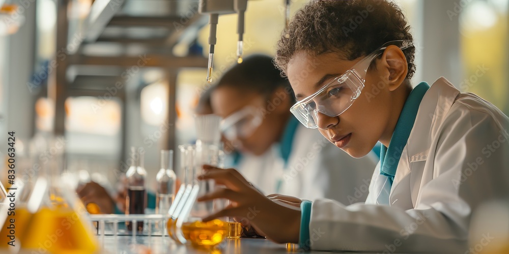 Students performing a chemistry experiment in contemporary laboratory ...