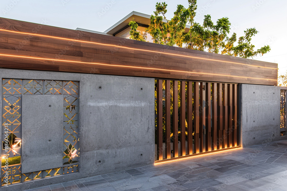 A sleek concrete boundary wall with horizontal wood slat accents, LED ...