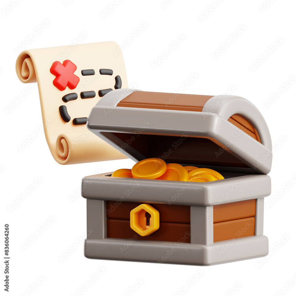 open treasure chest map location guide paper scroll game ui assets 3d ...