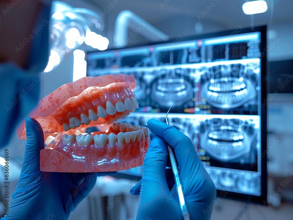 Dentist holding a dental mold in front of an X-ray screen, showcasing ...