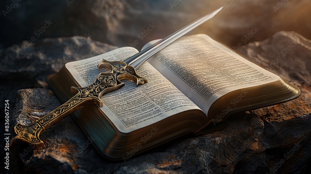 open Holy Bible book with spirit sword on top with epic clouds and ...