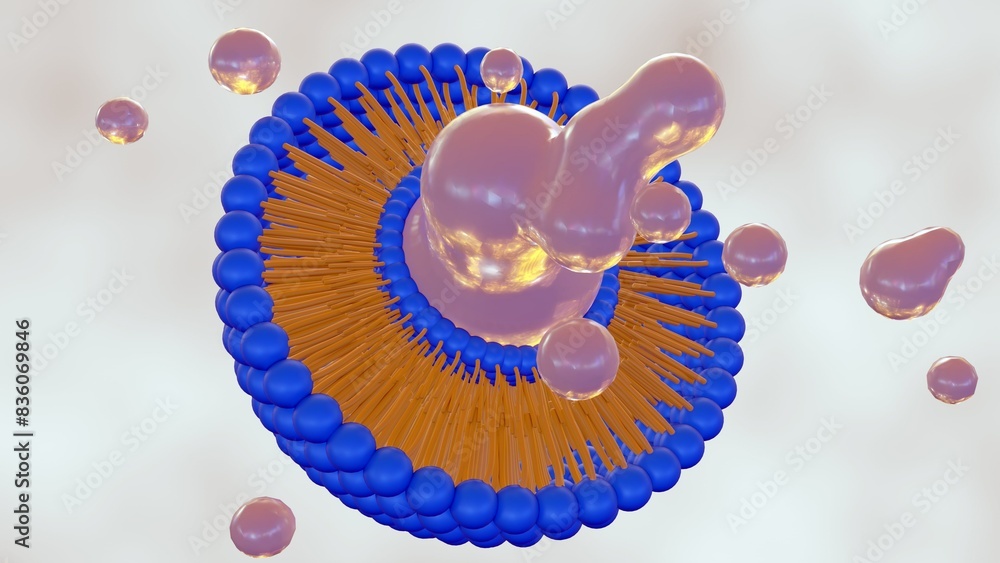 3d rendering of compromised liposome releasing its contents. Magnified ...