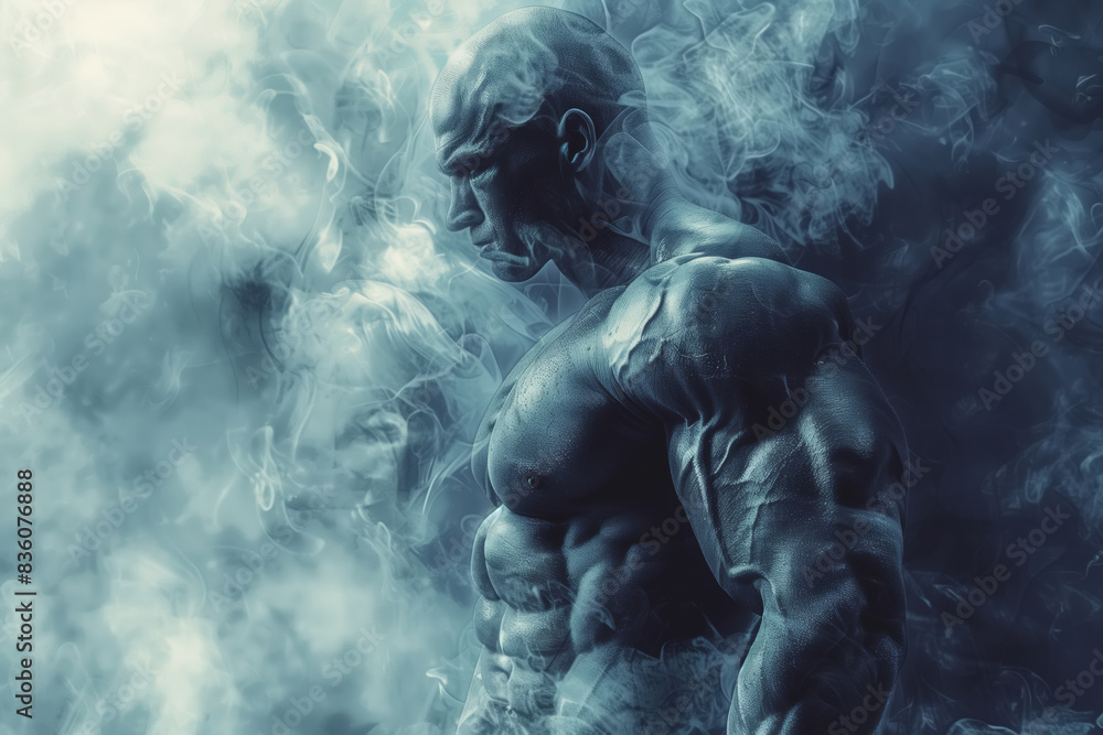 Muscular bodybuilder, in a dramatic pose, with smoke swirling around ...