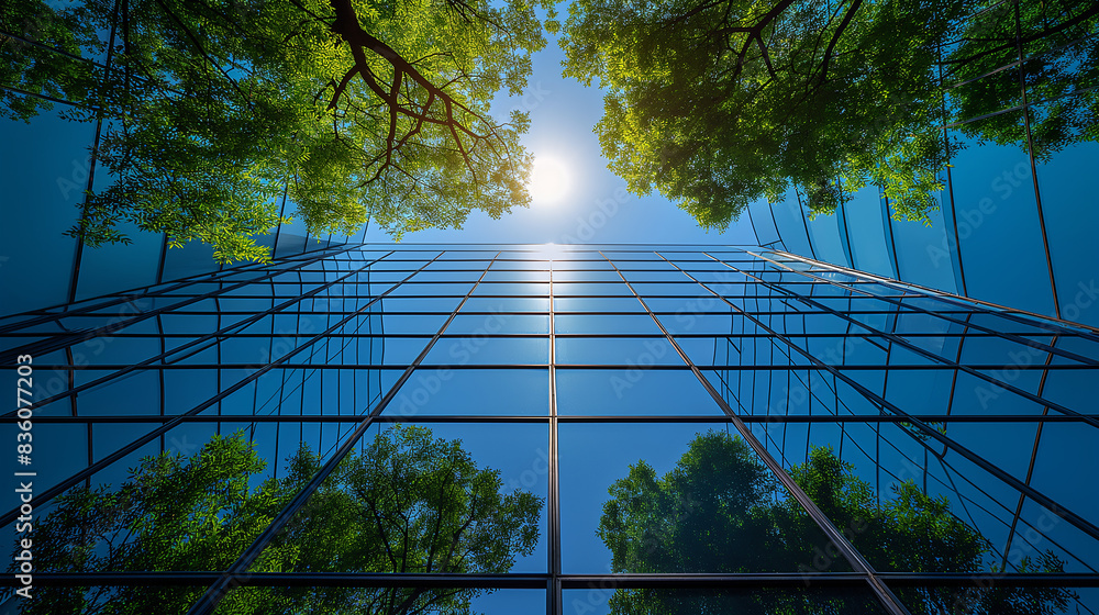 Green building concept, glass curtain wall with green trees and blue ...