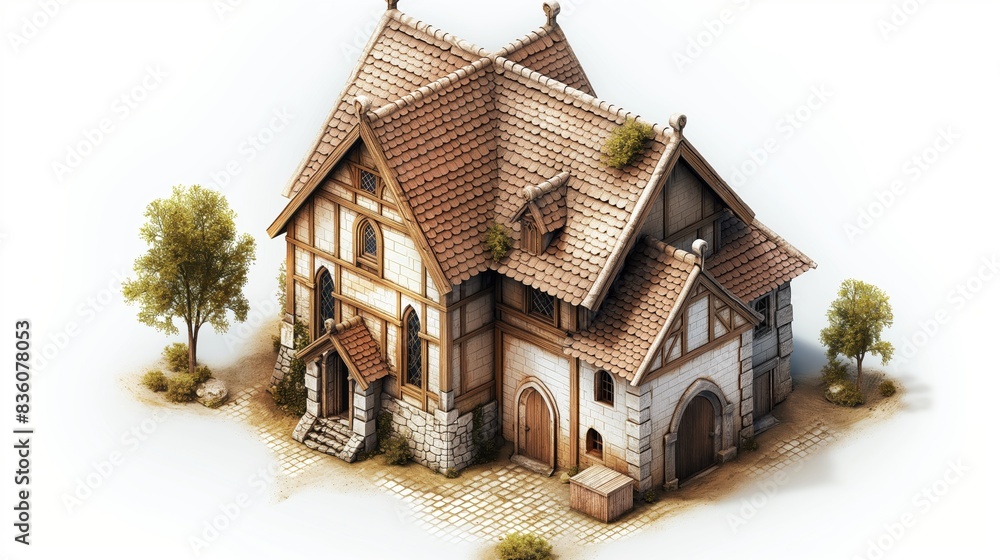 Isometric medieval house, exterior, isolated on white background. Old ...