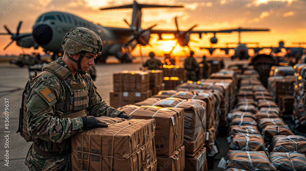 Military personnel organize supply crates on an airfield Stock Photo ...