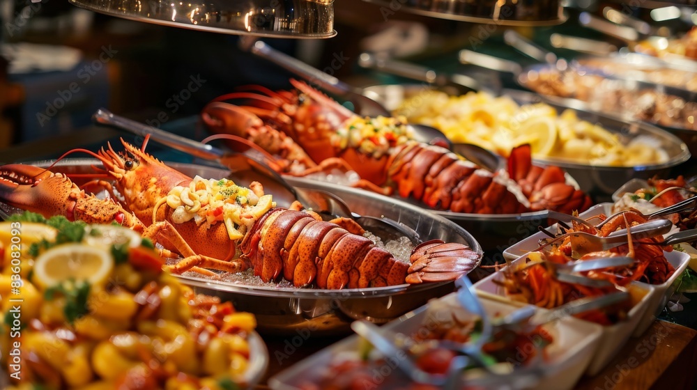 A seafood buffet featuring a variety of lobster dishes, including ...