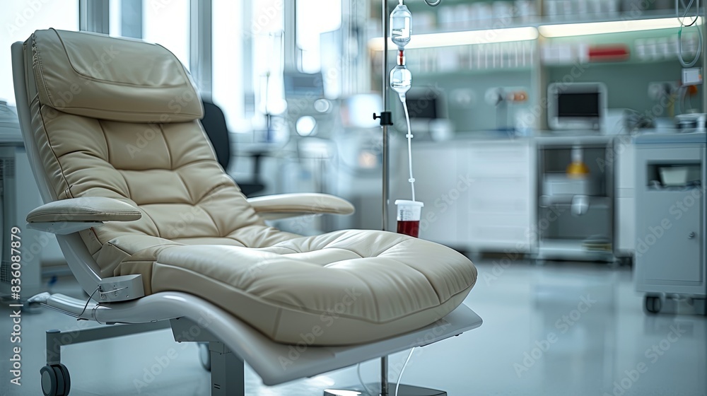 An empty recliner chair in a modern medical clinic, with IV drip ...