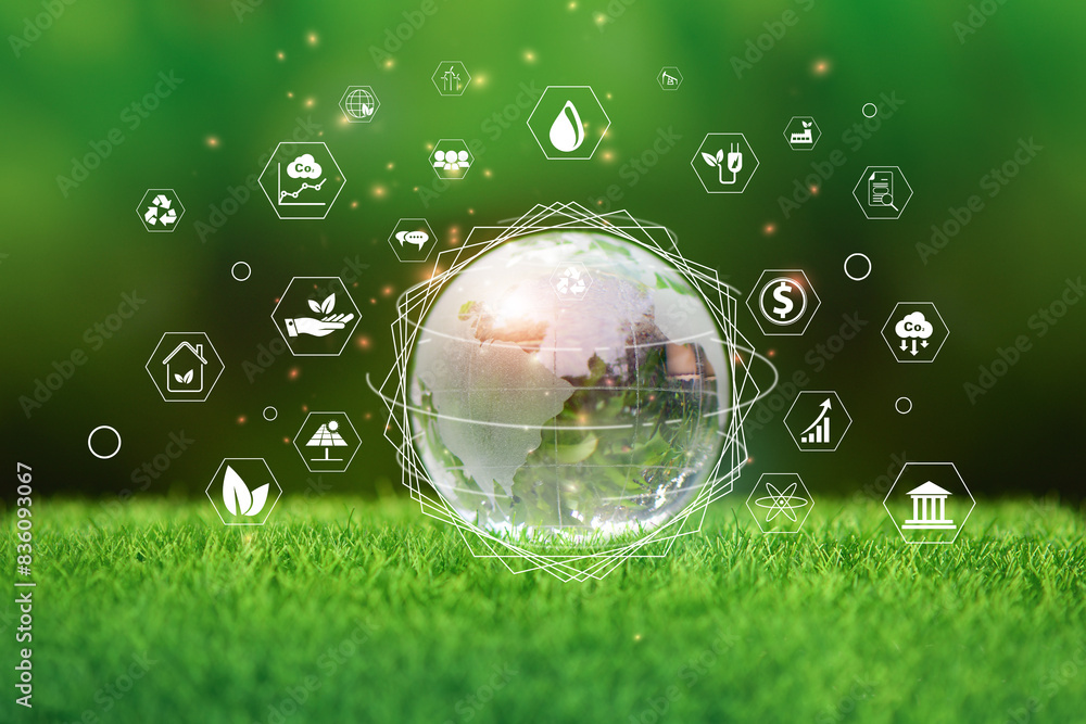 Glass globe in green forest with the icon environment of ESG, co2 ...