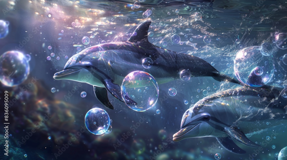 Dolphins interacting with underwater bubbles, chasing and playing with ...
