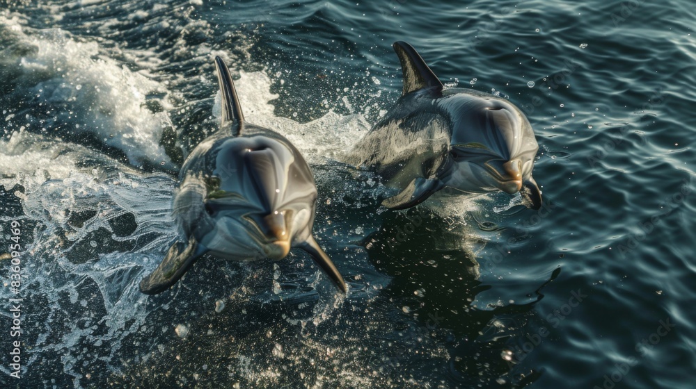 Dolphins playfully chasing each other in the ocean, their joyful ...