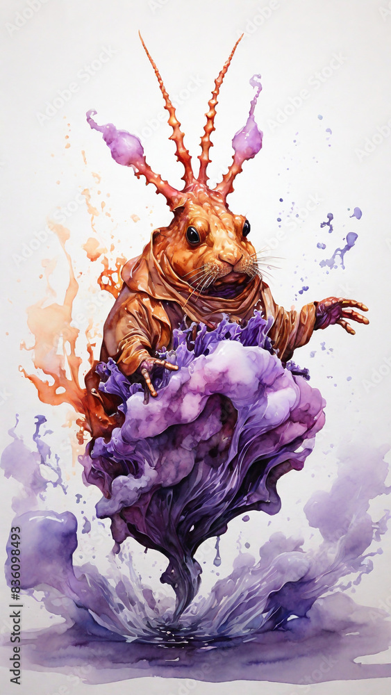 Watercolor painting: A sea hare releasing a cloud of purple ink, its ...
