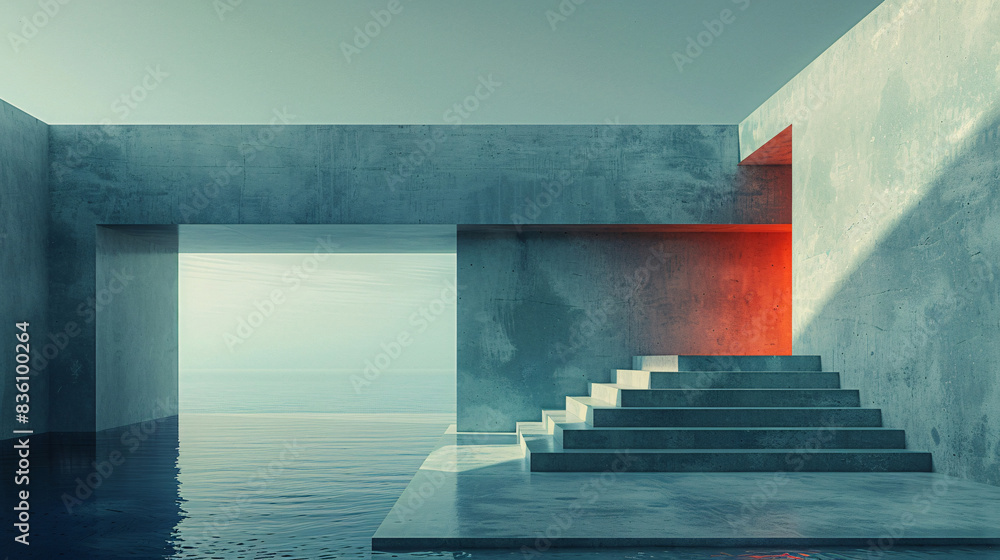 Minimalist architectural scene with primitive shapes and steps ...