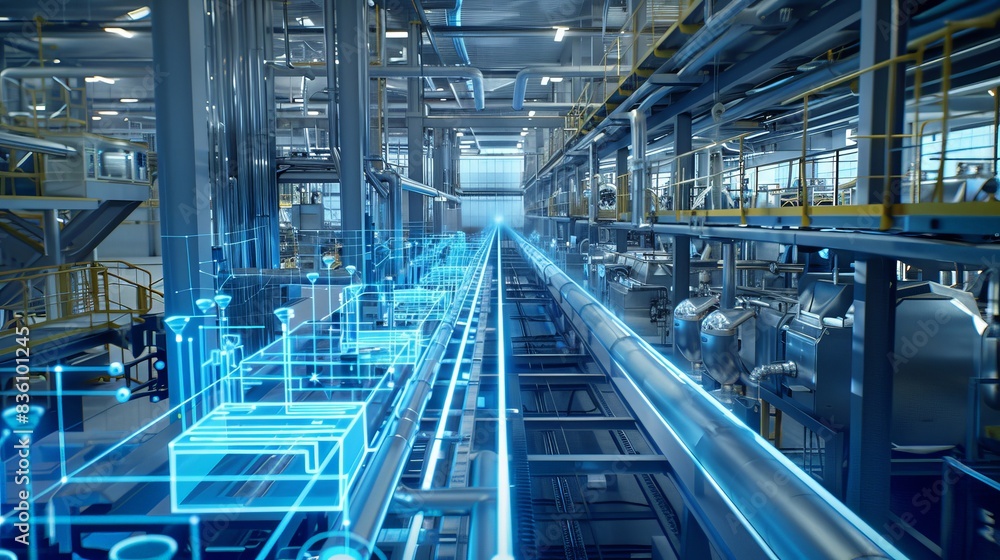 An expansive view of a smart factory equipped with IoT devices ...