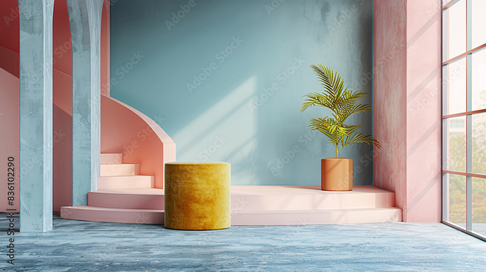Minimalist pastel platforms and geometric shapes in a modern interior ...