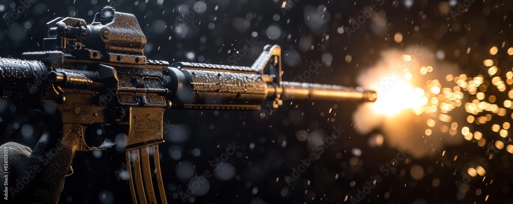 firing assault riffle shooting firepower bullets isolated on black ...