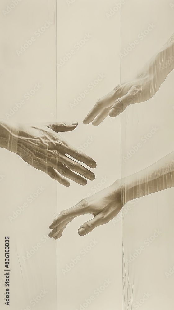 A minimalist composition features two hands reaching towards each other ...