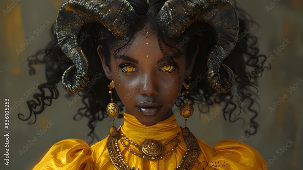Tiefling woman with grey small horns to her head that grew to the sides ...