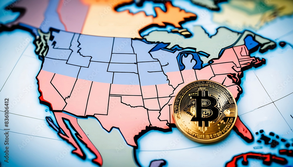Bitcoin coin on political map of North America, on the territory of ...