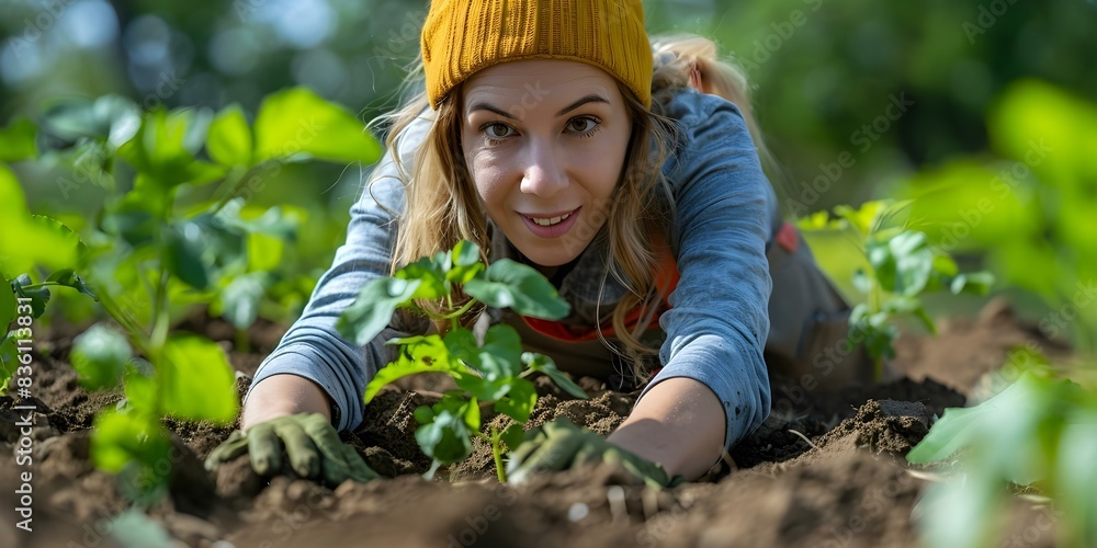 Woman volunteers cooperatively gardening to help combat climate change ...