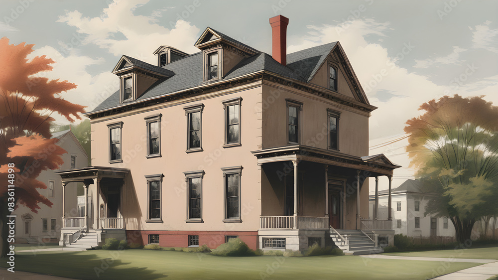 historic painting rendering, 1800s, Italianate two story house, three ...