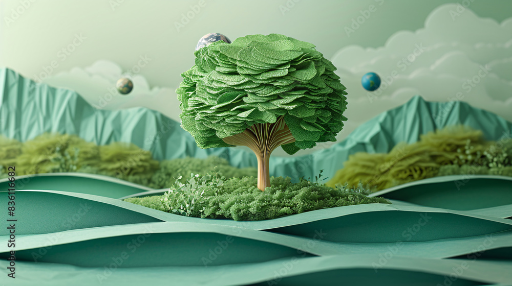 Artistic representation of a tree growing from a paper globe ...