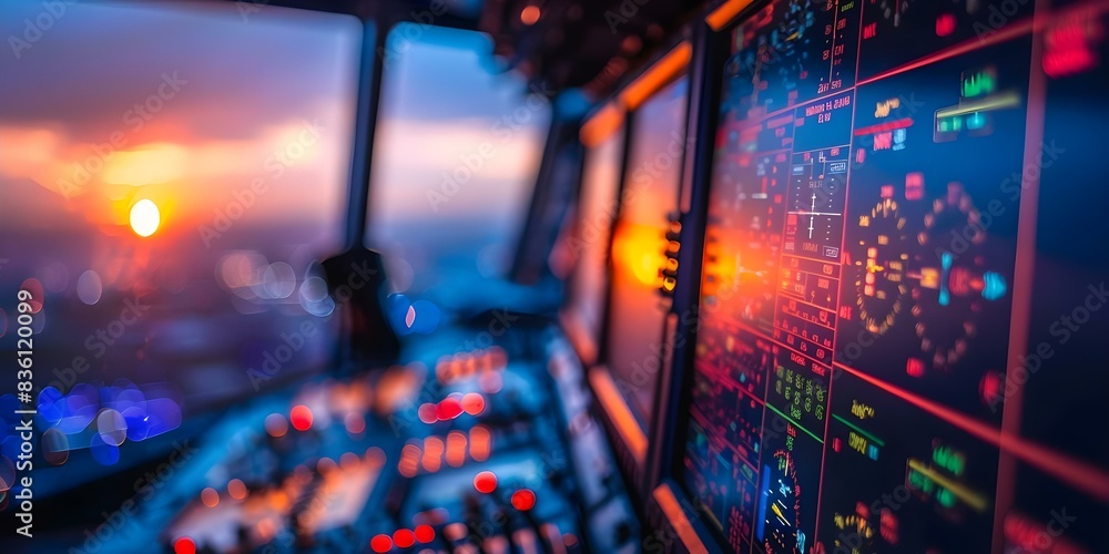 Air traffic control screen displays aircraft positions for safe flight ...