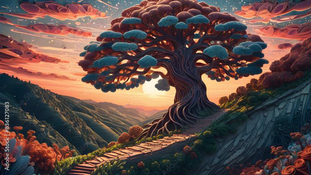Surreal giant tree on top of a hill, detailed, path up the hill, Paper ...