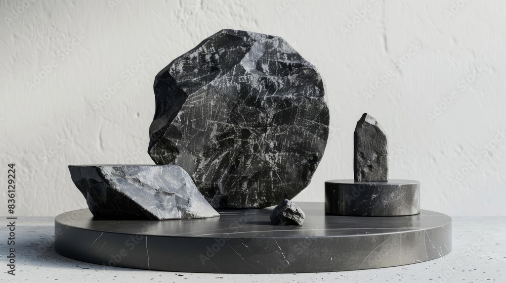 Modern art display of abstract black stone sculptures in various shapes ...