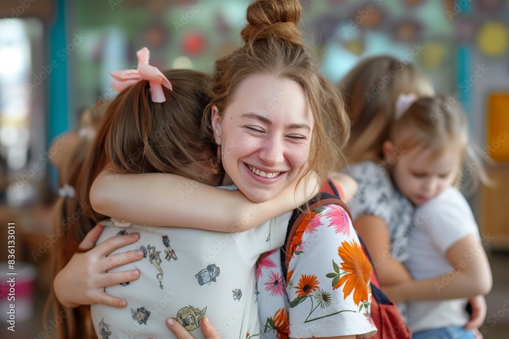 Cute little children hugging a nursery teacher in kinde, Cute Little ...