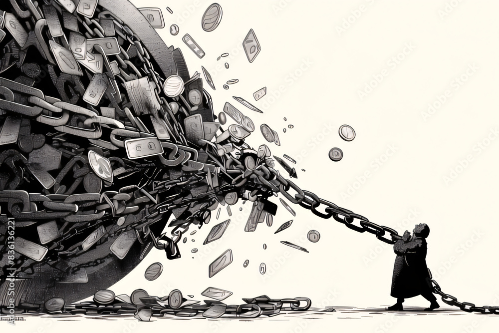 Black and white illustration of a person pulling heavy chains linked to ...