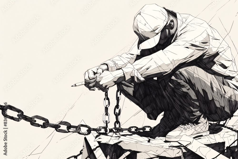 Black and white illustration of a man sitting with his head down, hands ...