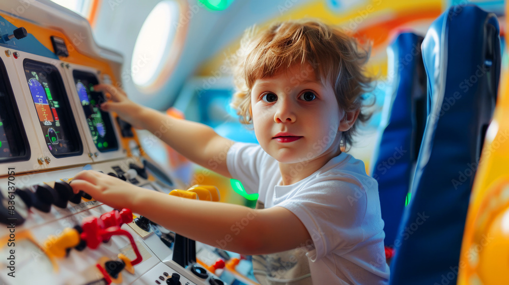 Young child pretending to navigate an airplane using a toy control ...