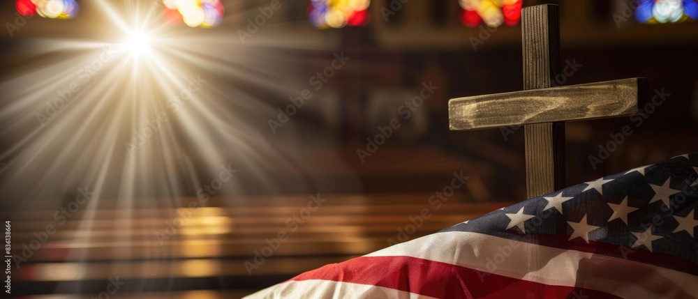 American Flag and Christian Cross Display in Patriotic Church Setting ...