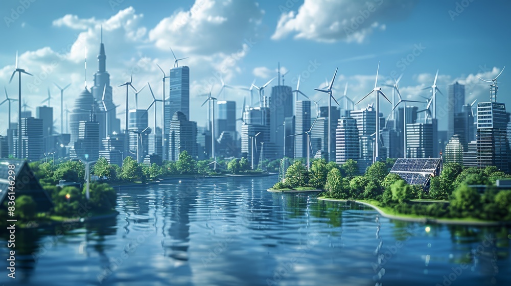 A futuristic cityscape rendered in 3D, featuring buildings with ...