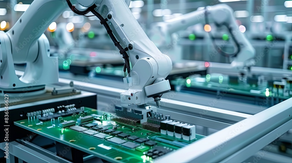 Advanced High Precision Robot Arms inside Bright Electronics Factory ...